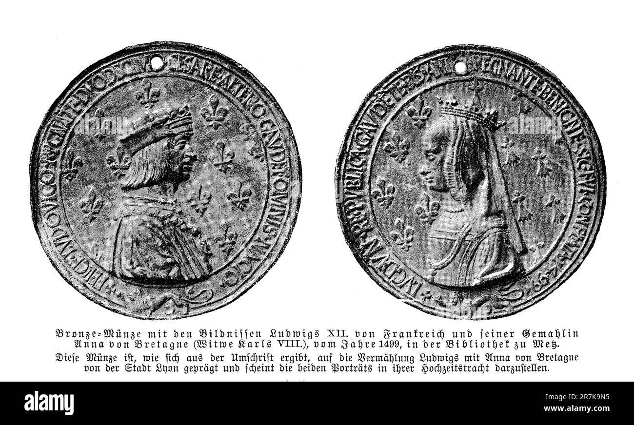 Bronze coin with the portraits of Louis XII King of France and his wife ...