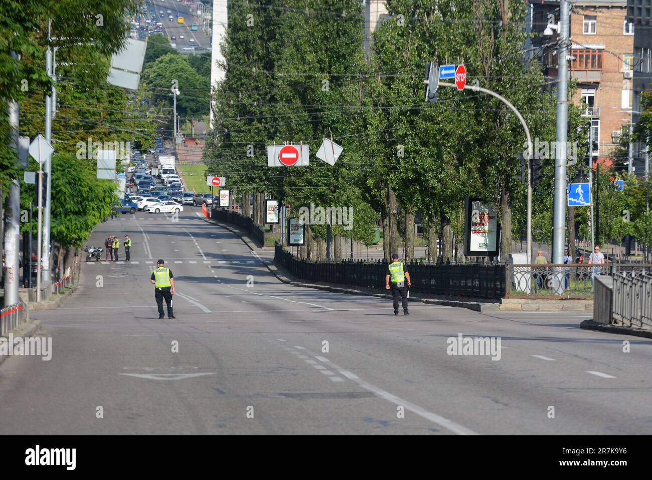 Kyiv, Ukraine. 16th June, 2023. The police block traffic on the streets ...