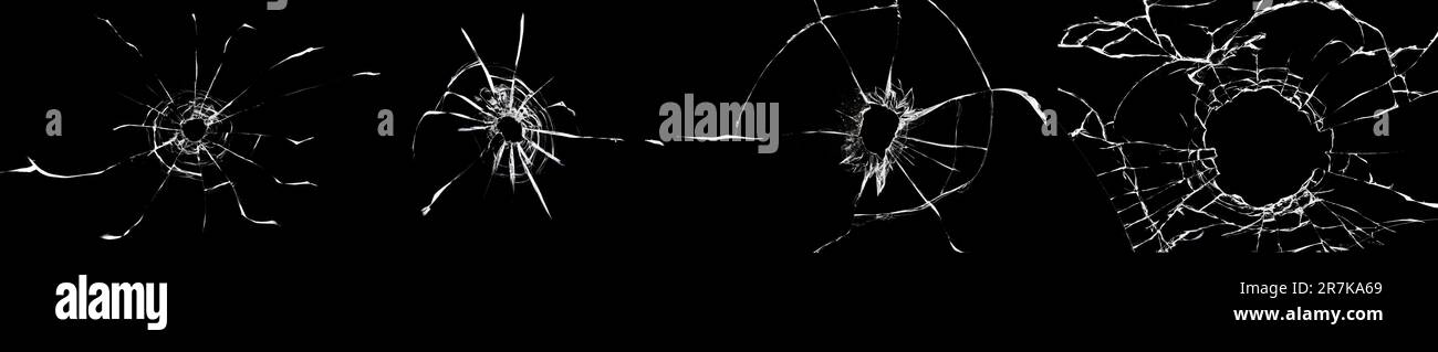 Set of cracked and chipped broken glass on black background. Abstract ...