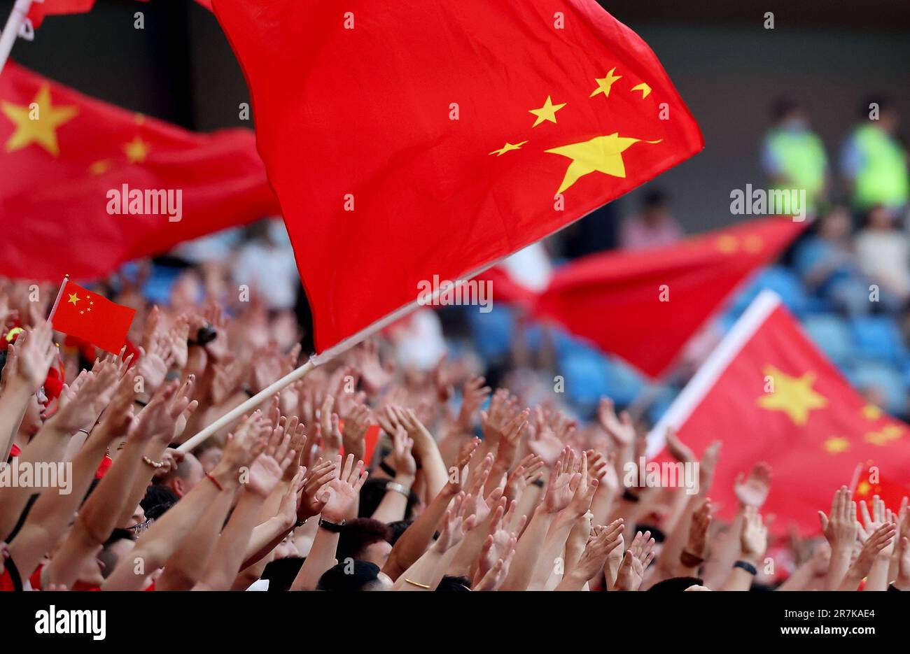 Dalian, China's Liaoning Province. 16th June, 2023. Fans wave Chinese ...