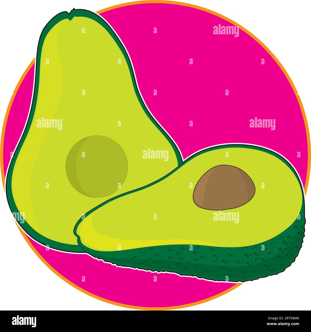 An avocado that has been sliced in half on a bright pink background ...