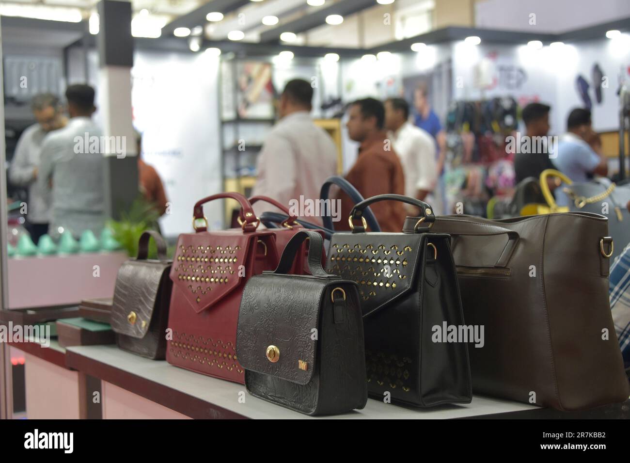 Dhaka. 16th June, 2023. This photo taken on June 15, 2023 shows bags exhibited during a leather ...