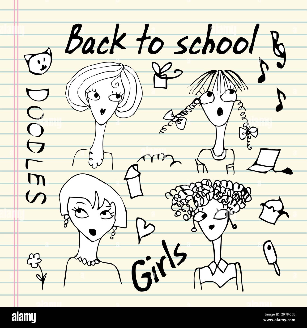 Hand-Drawn Back to School Sketchy Notebook Doodles with girls set ...