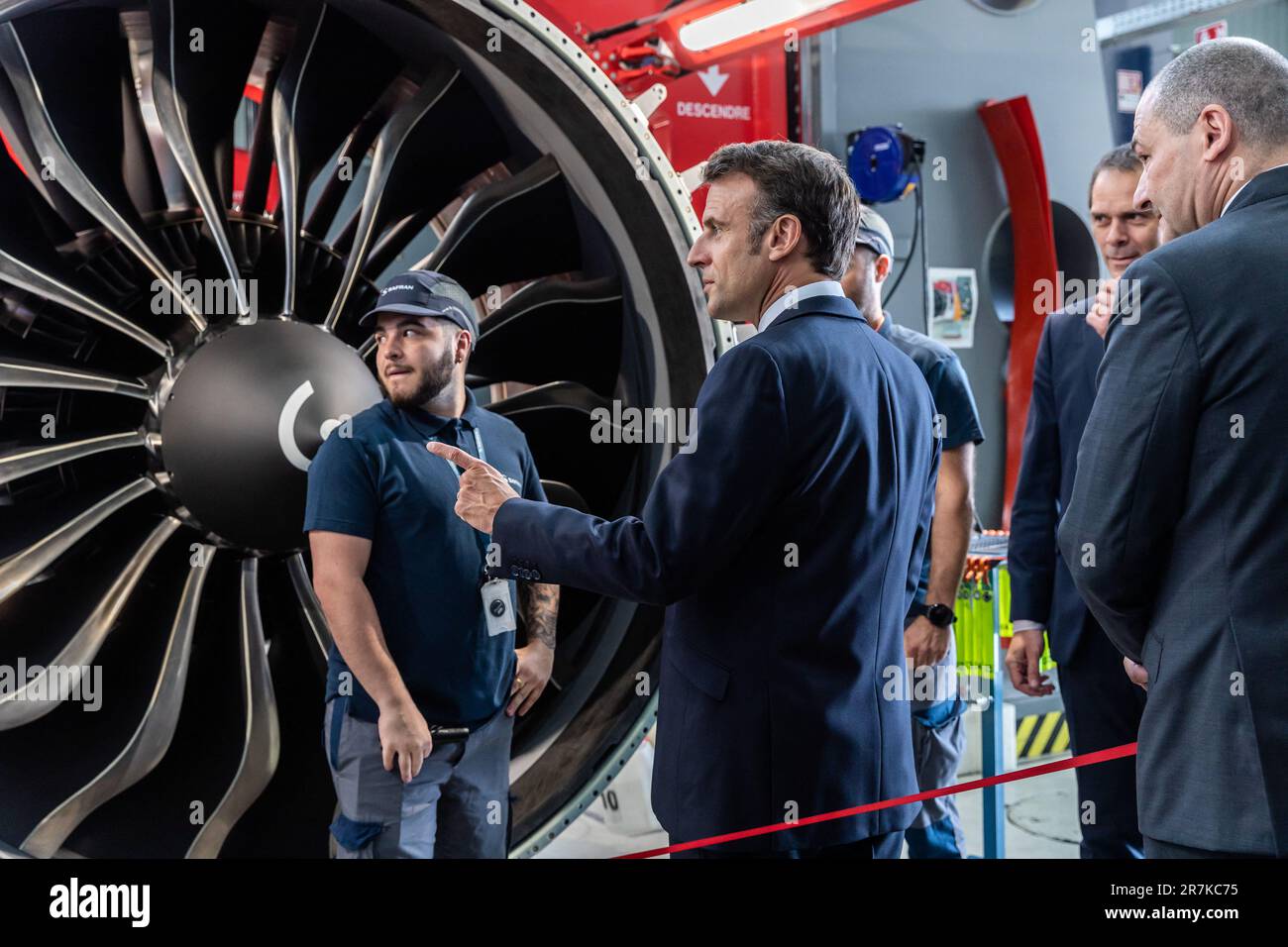 Villaroche, France. 16th June, 2023. French President Emmanuel Macron ...