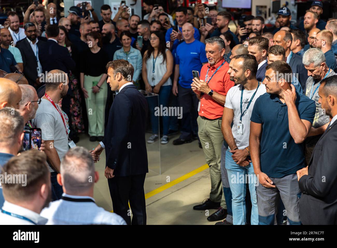Villaroche, France. 16th June, 2023. French President Emmanuel Macron ...