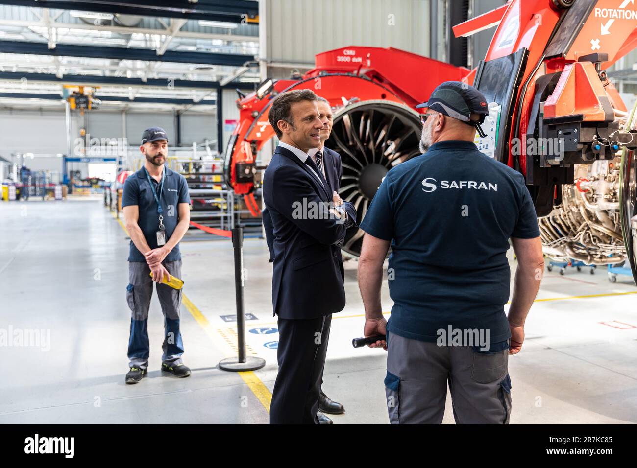 Villaroche, France. 16th June, 2023. French President Emmanuel Macron ...
