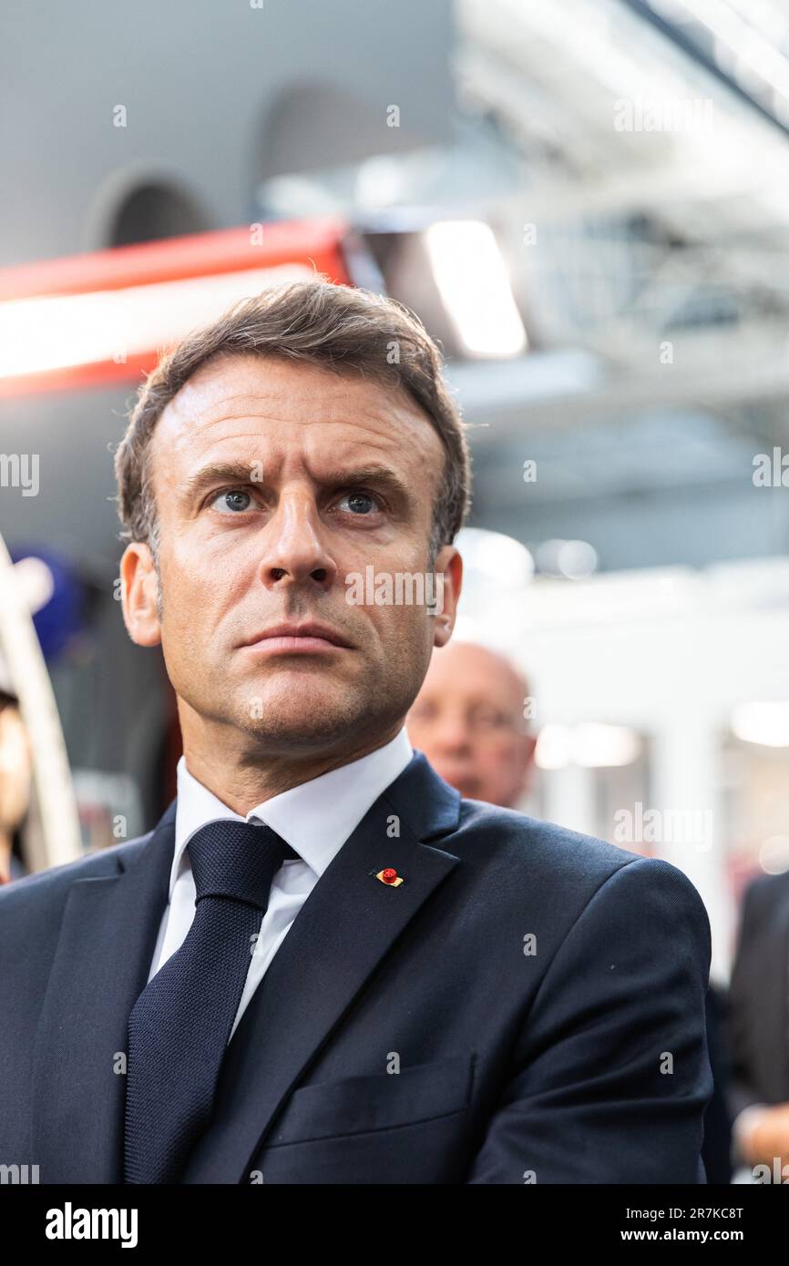 Villaroche, France. 16th June, 2023. French President Emmanuel Macron ...