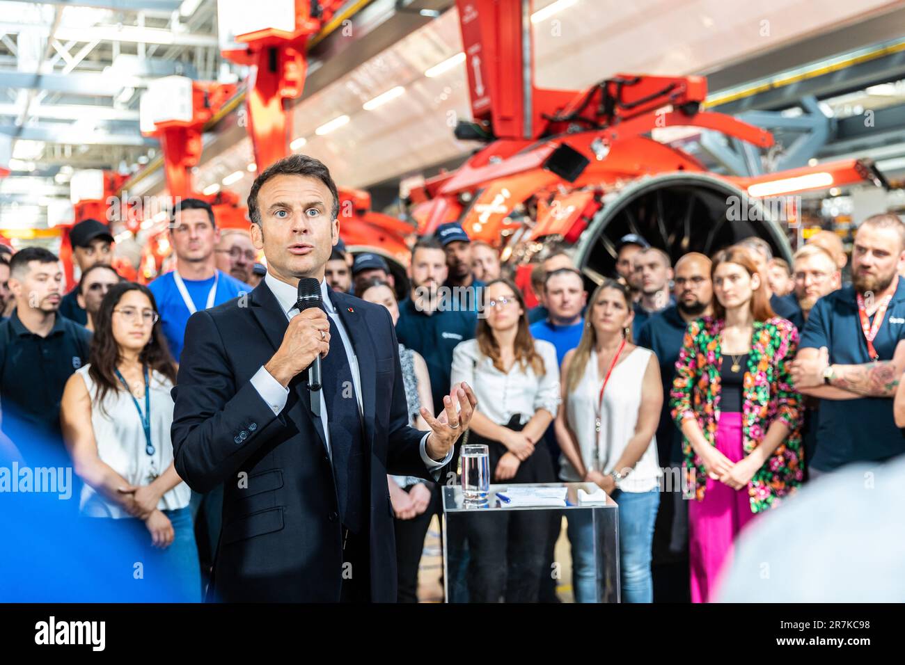 Villaroche, France. 16th June, 2023. French President Emmanuel Macron ...