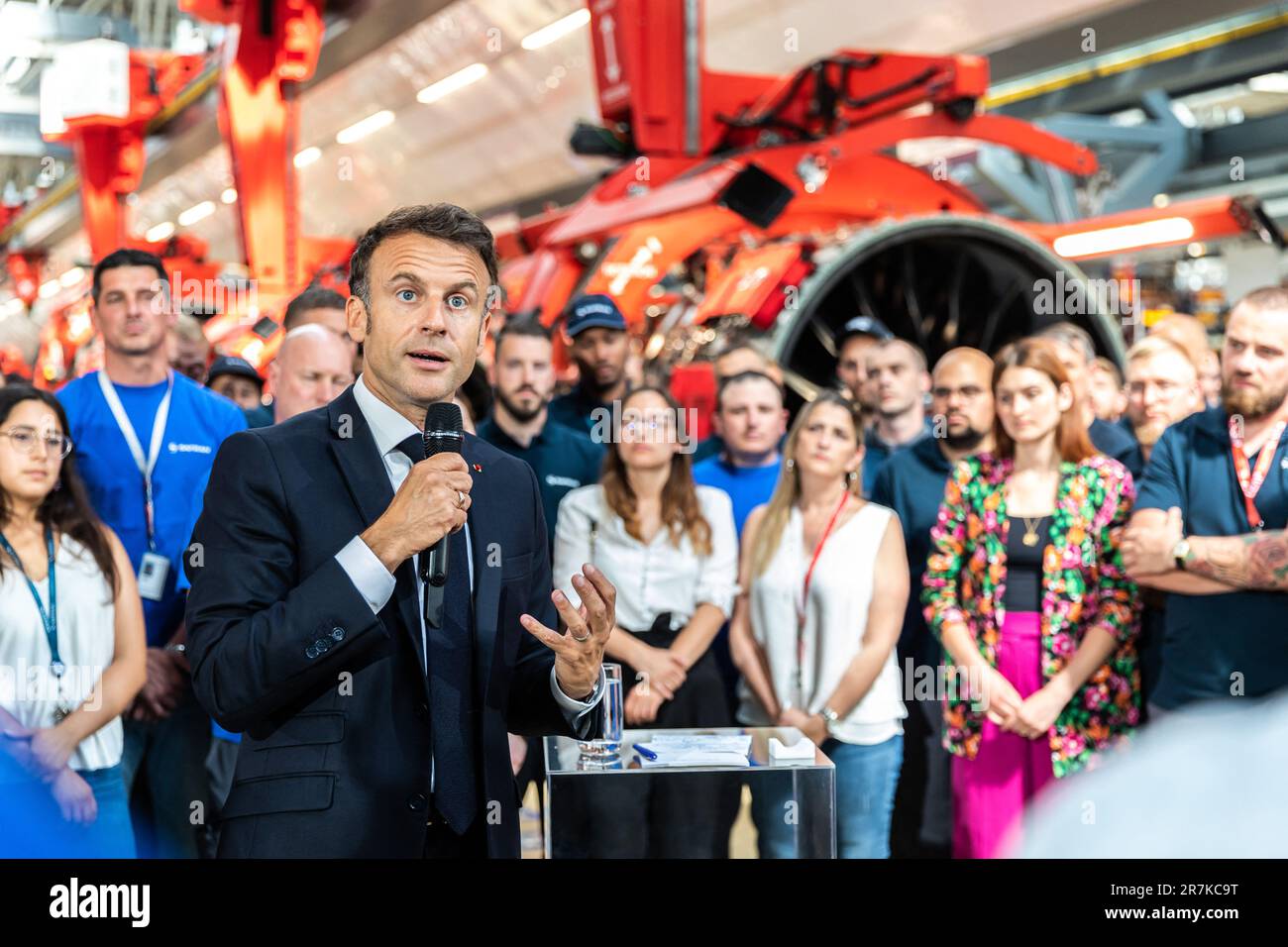 Villaroche, France. 16th June, 2023. French President Emmanuel Macron ...