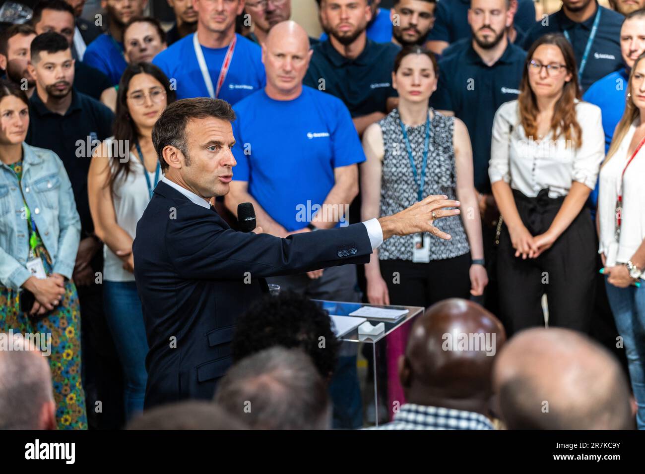 Villaroche, France. 16th June, 2023. French President Emmanuel Macron ...