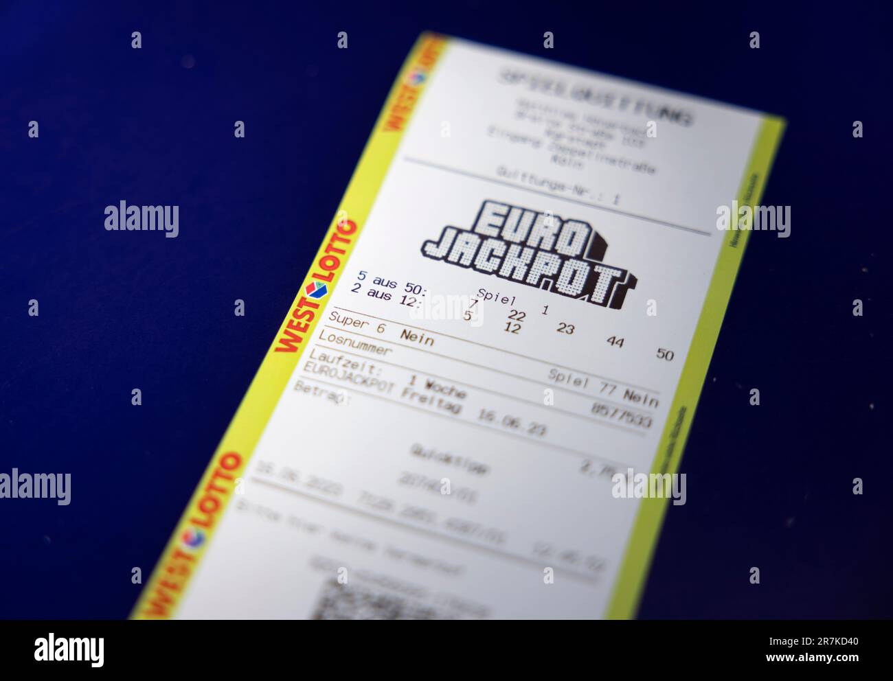 Cologne, Germany. 16th June, 2023. A game receipt for a Eurojackpot ...