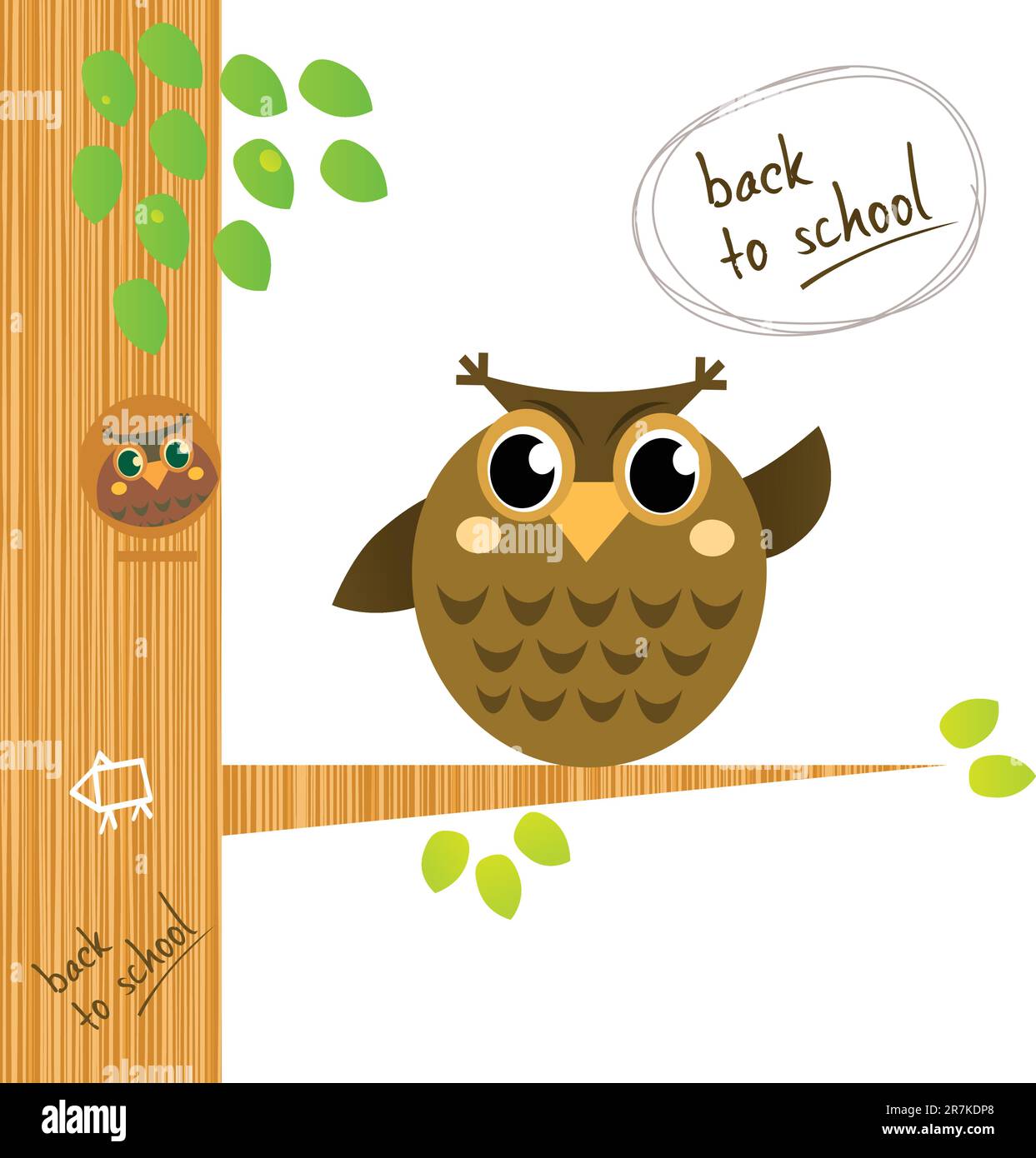 Wise owl character showing Back to school sign. Vector cartoon ...