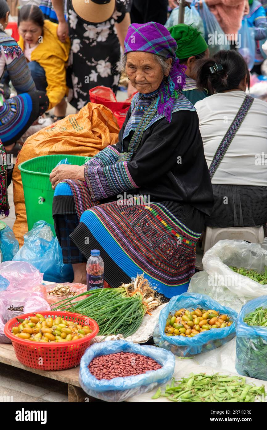 Bac Ha, Vietnam-April 2023; Vertical view a woman from Flower Hmong and ...