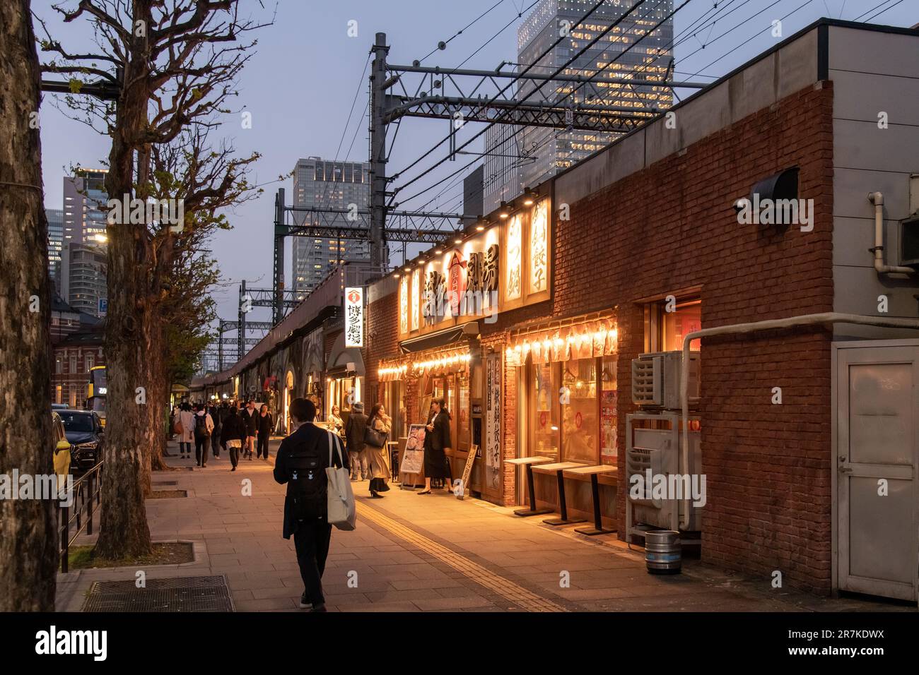 Tokyo, Japan-April 2023; Evening view along small restaurants in ...