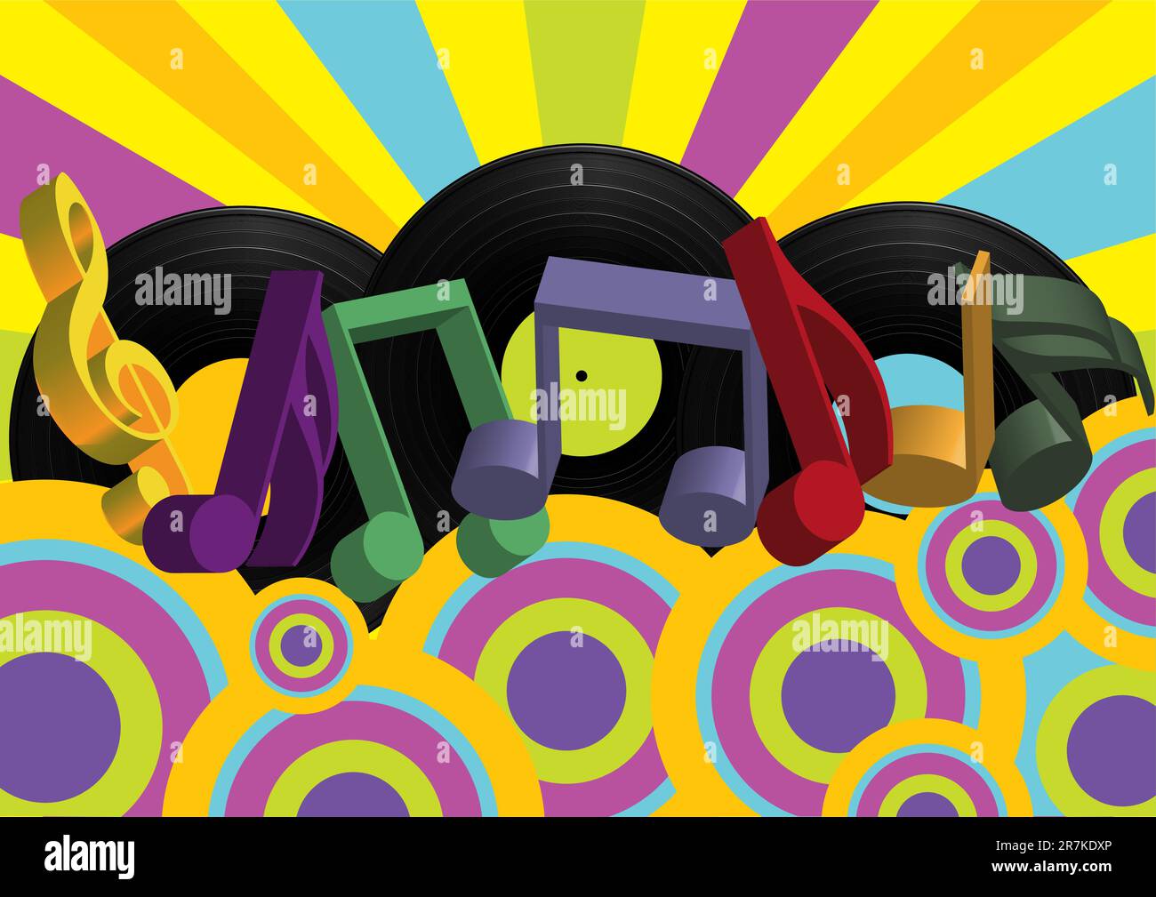 Retro Party Background - Notes and Vinyl Records on Multicolor ...