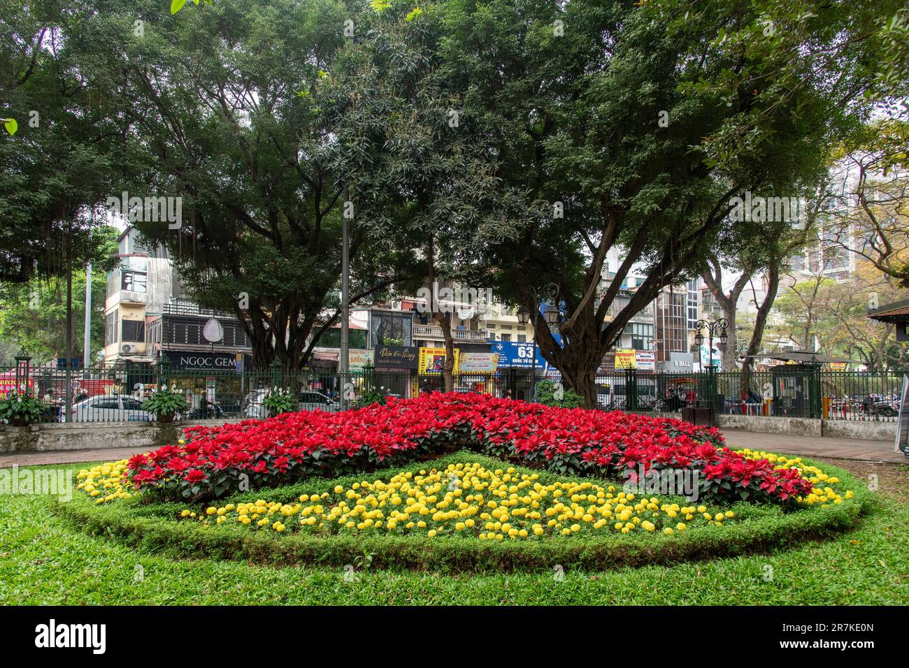 Hanoi, Vietnam-April 2023; iew of flower bed in the Temple of ...