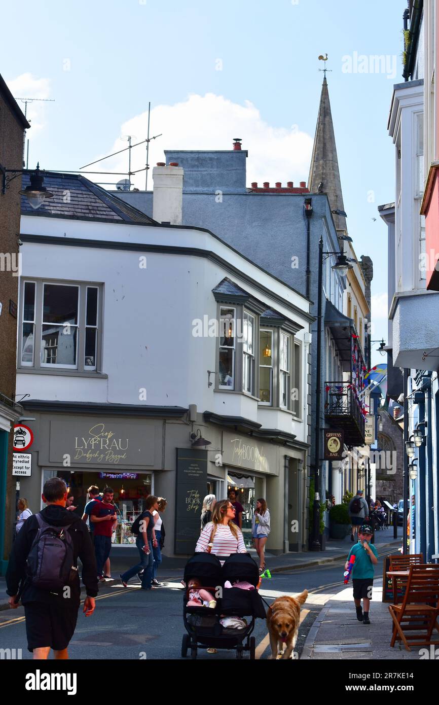 The colourful array of buildings in the town centre with shops cafés ...