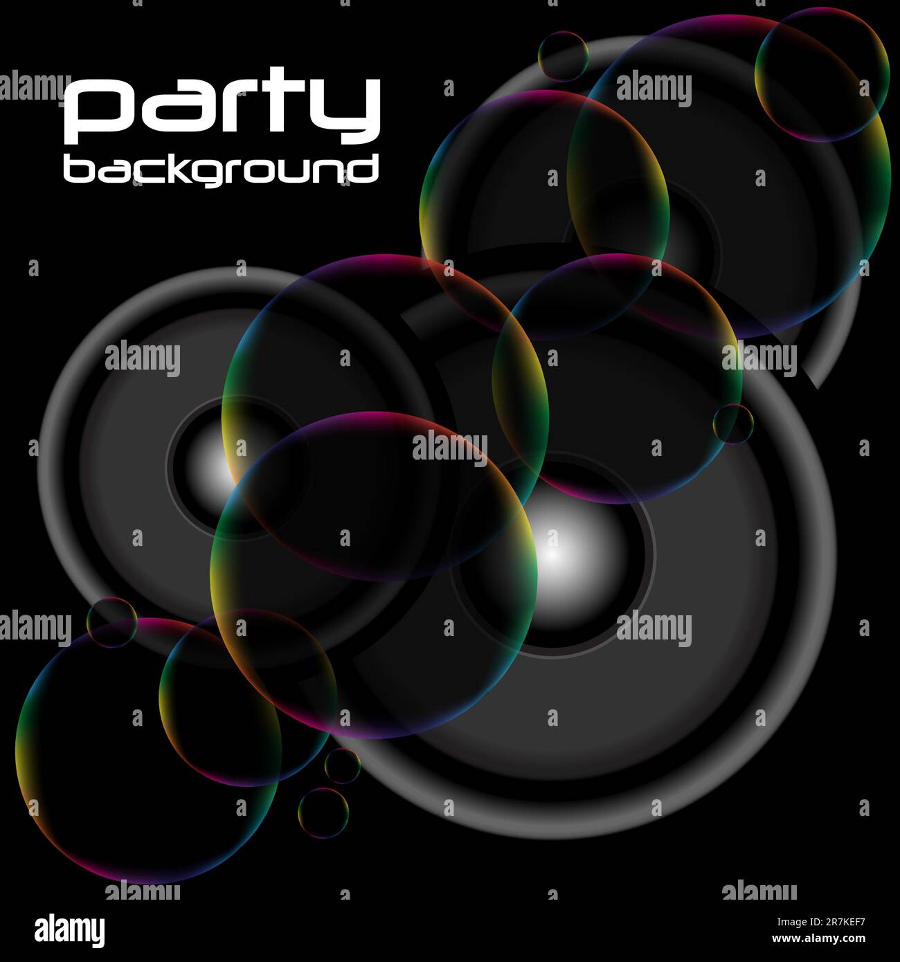 Party Background - Multicolor Bubbles and Loudspeakers on Black Background Stock Vector Image ...