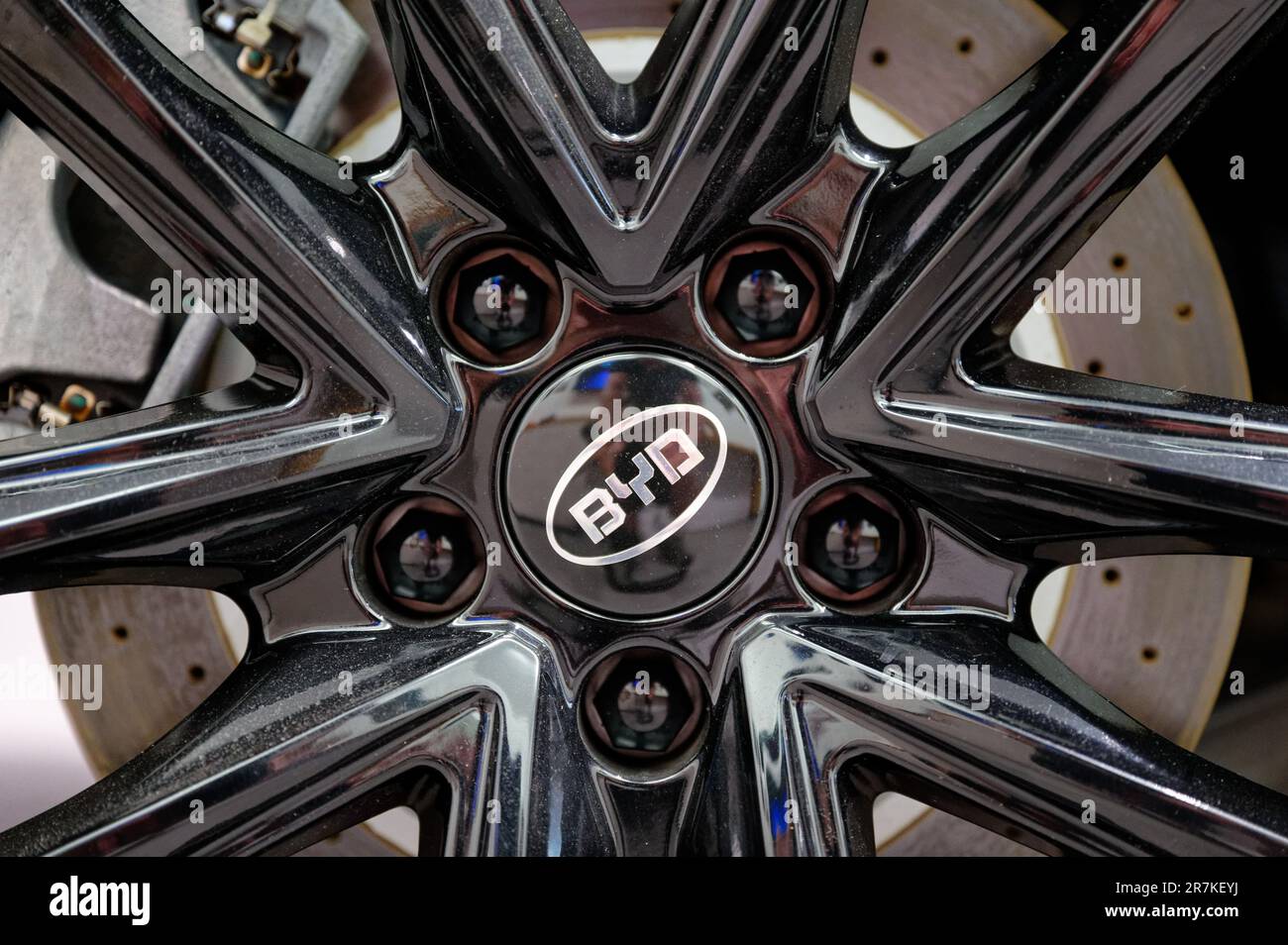 Stuttgart, Germany. 16th June, 2023. The BYD brand logo can be seen at ...