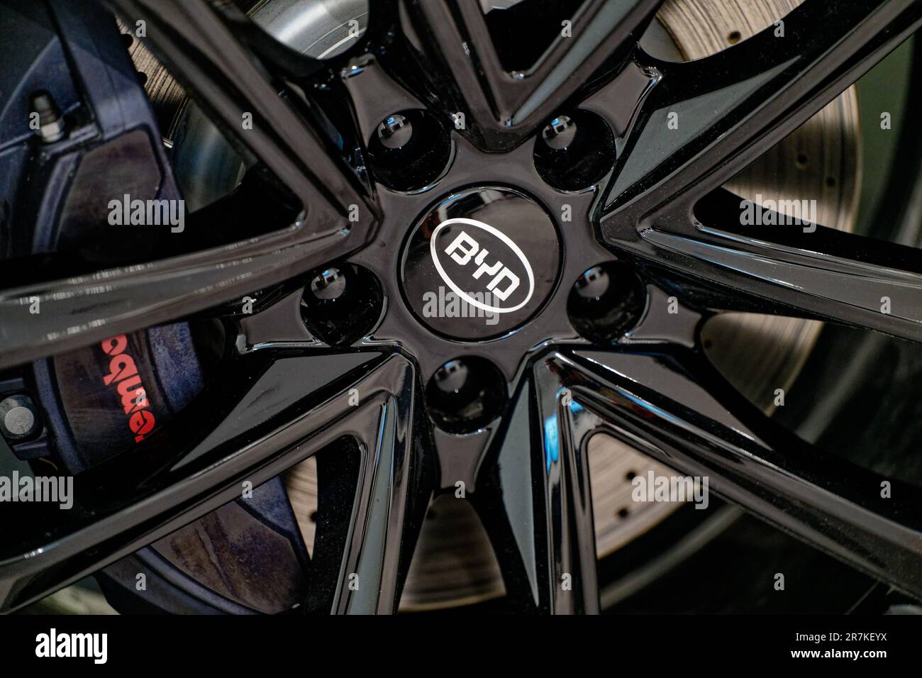 Stuttgart, Germany. 16th June, 2023. The BYD brand logo can be seen at ...