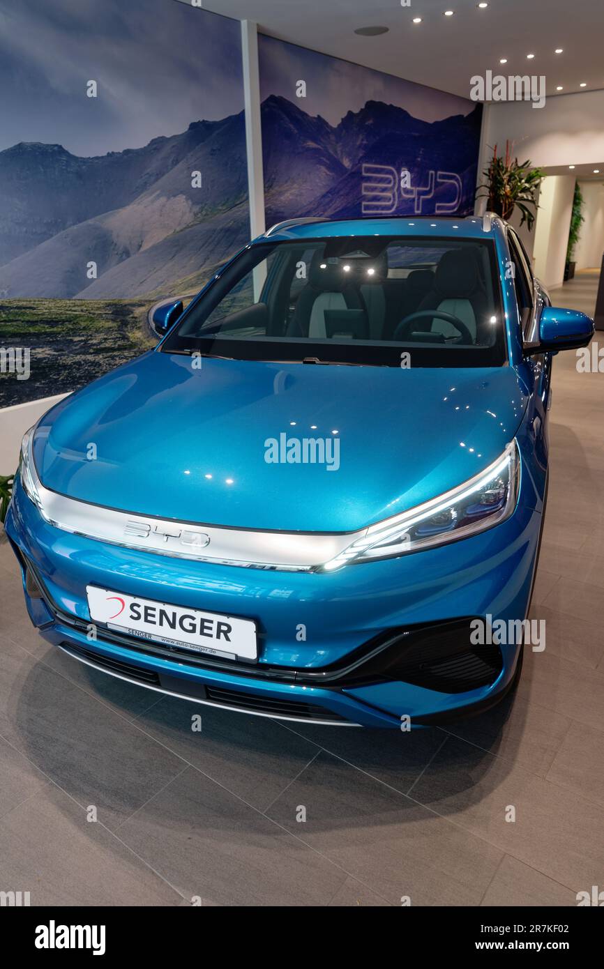 Stuttgart, Germany. 16th June, 2023. An Atto 3 of the BYD brand stands ...