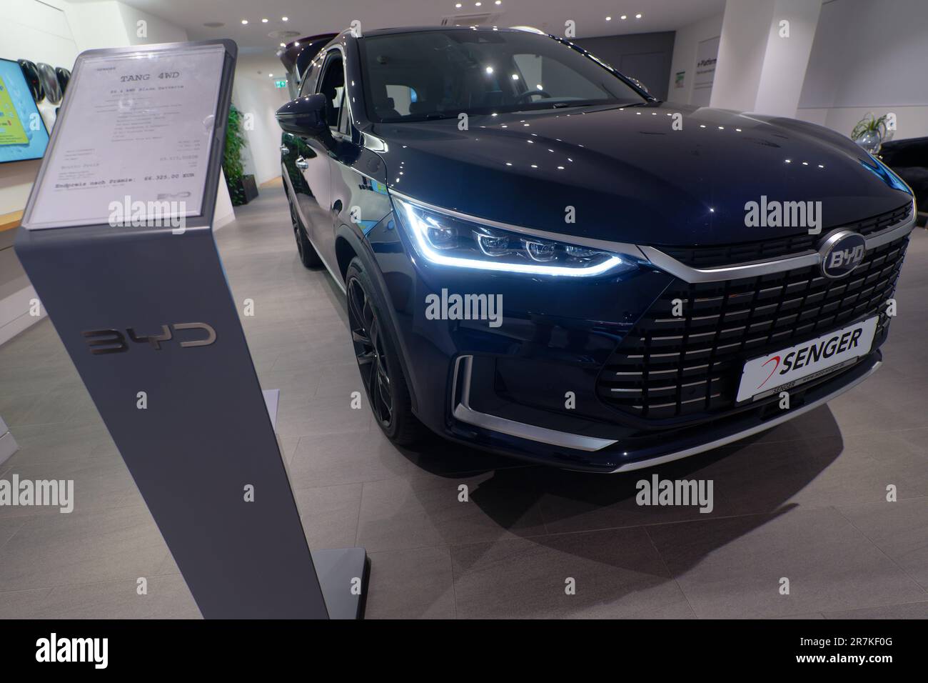 Stuttgart, Germany. 16th June, 2023. A BYD brand Tang stands in the BYD ...