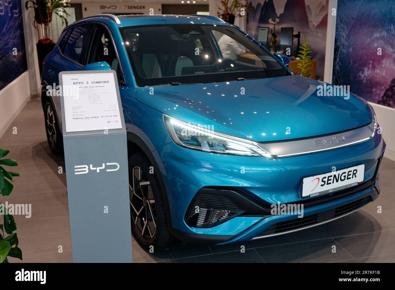 Stuttgart, Germany. 16th June, 2023. An Atto 3 of the BYD brand stands ...