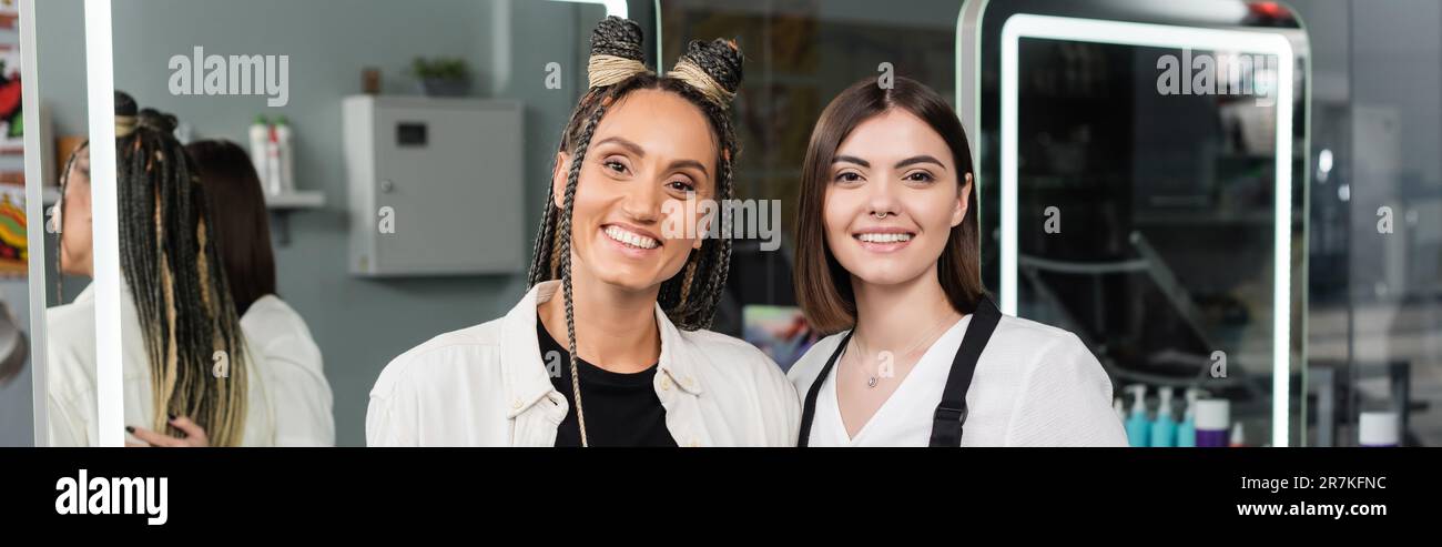 client satisfaction, hairdresser and happy woman with braids, hairstyle ...