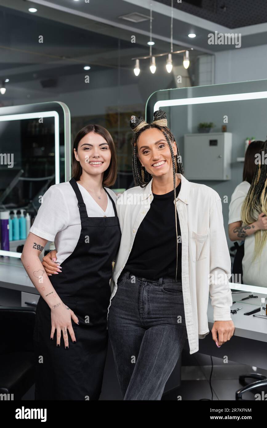 client satisfaction, hairdresser and happy woman with braids, hairstyle ...