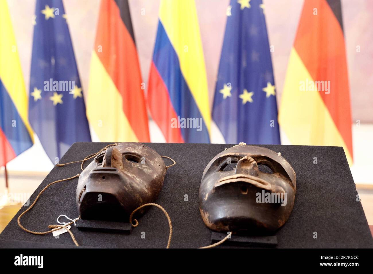 Berlin, Germany. 16th June, 2023. Two masks of the indigenous Kogi ...
