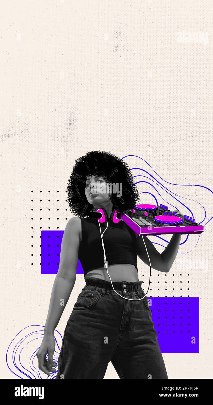 Young beautiful woman, dj with dj station over light background. Disco ...