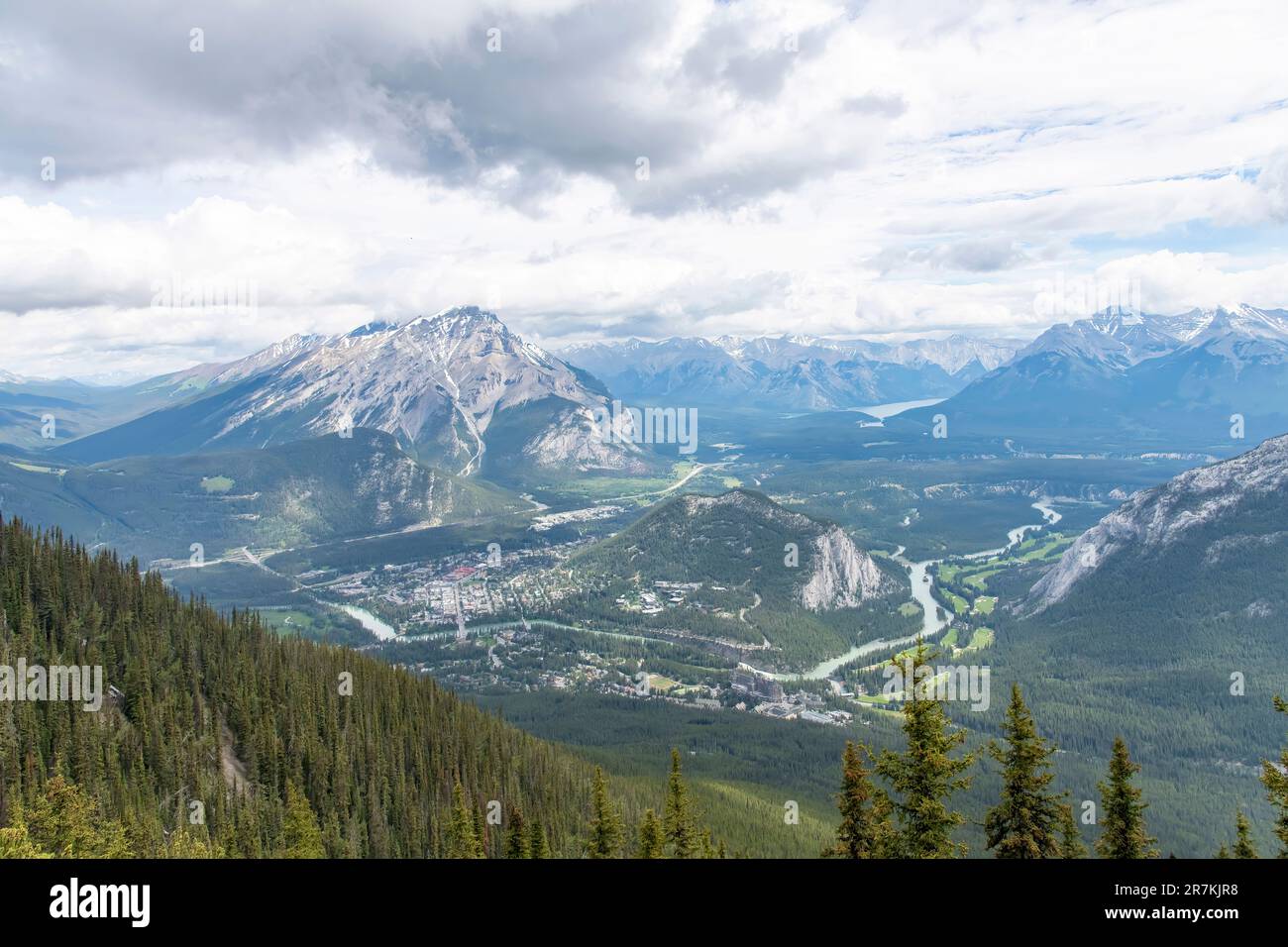 High level and angle view from top of Sulphur Mountain towards Banff ...
