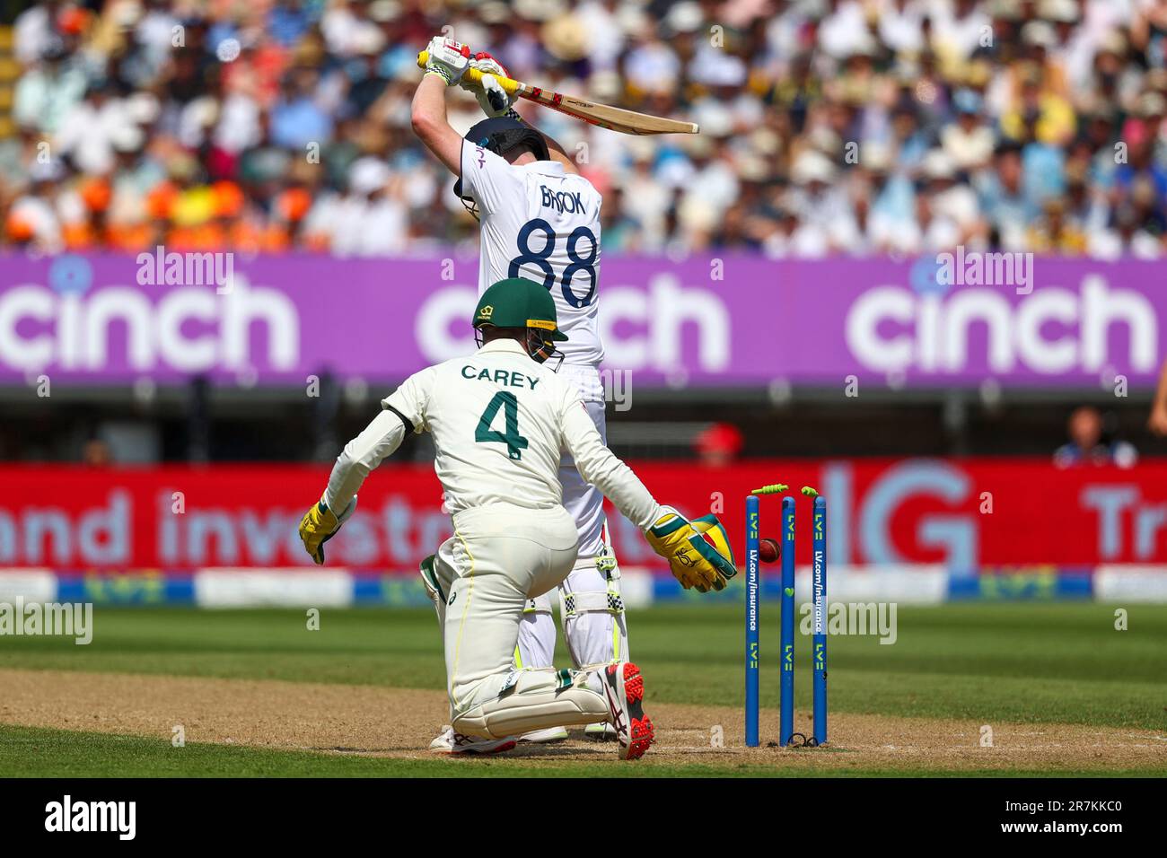 Birmingham, England. 16th June, 2023. England's Harry Brook is bowled ...