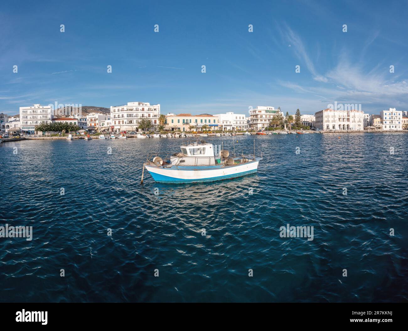 Greece, Tinos island Hora town destination Cyclades. View from ship of ...