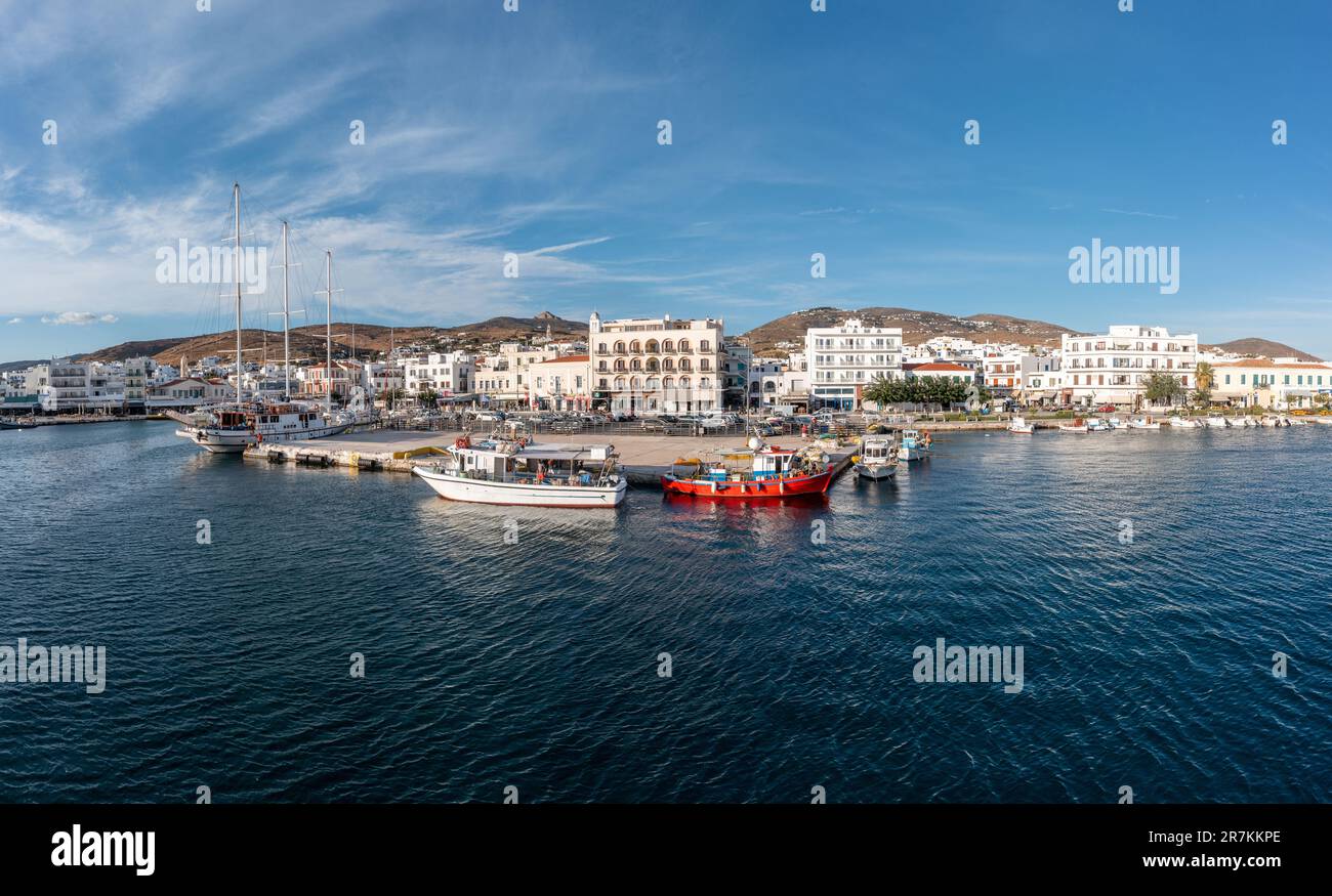 Greece, Tinos island Hora town destination Cyclades. View from ship of ...