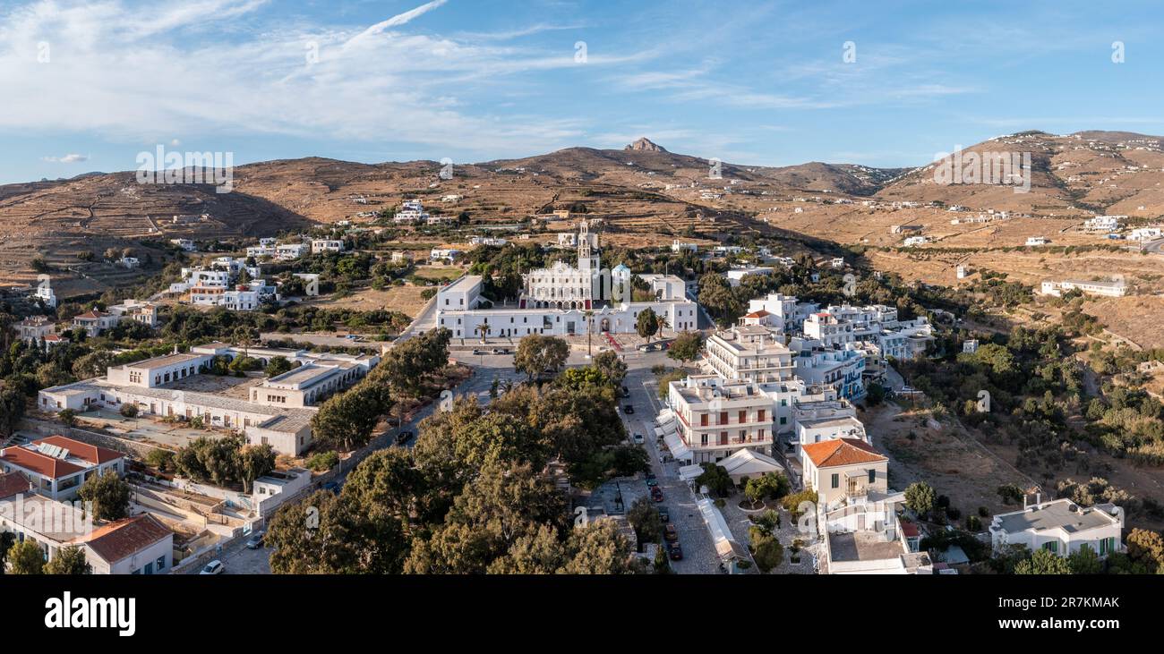 Greece. Aerial drone view of Tinos island, religious destination ...