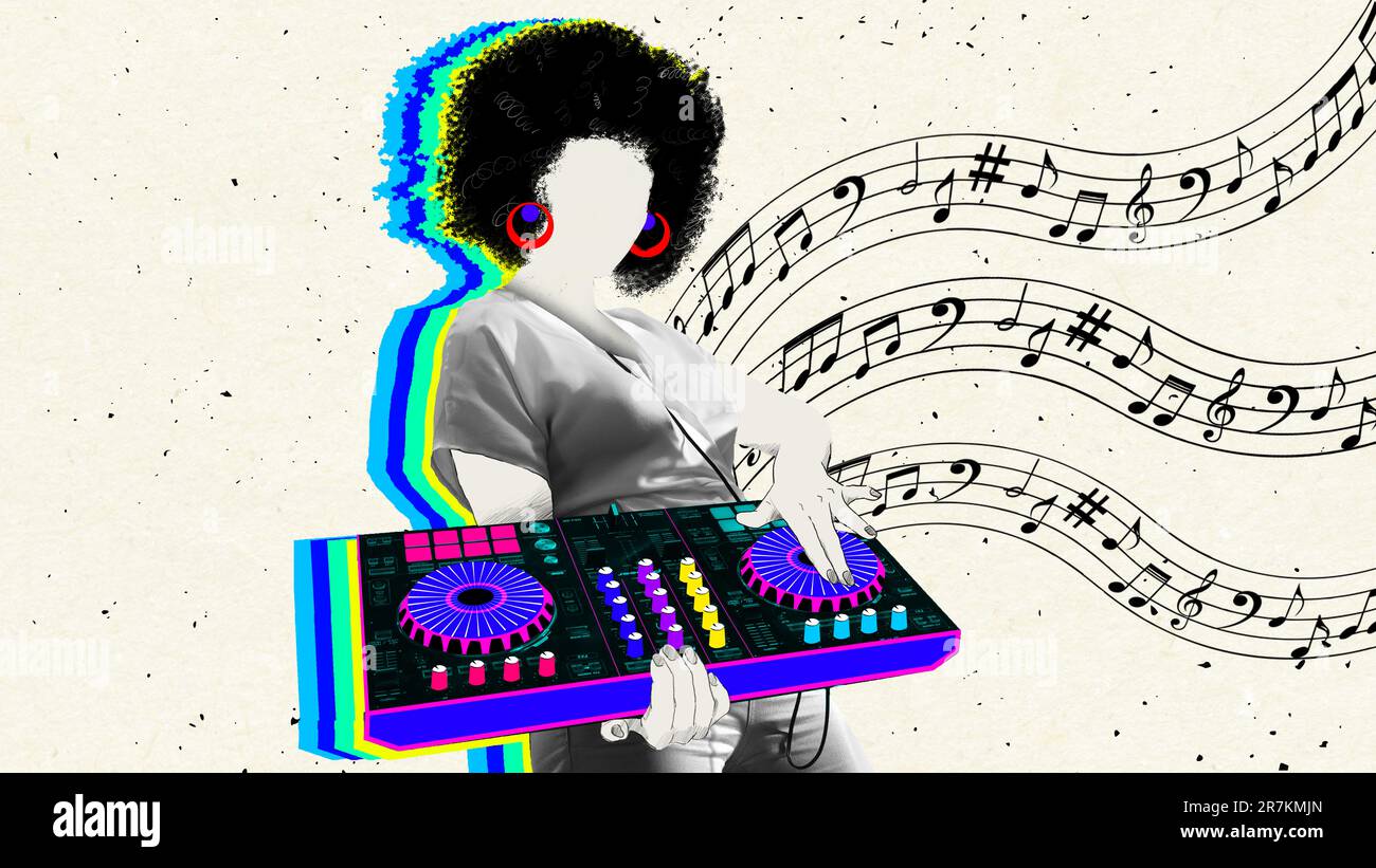 Young talented woman, dj with dj station over light background. Disco ...