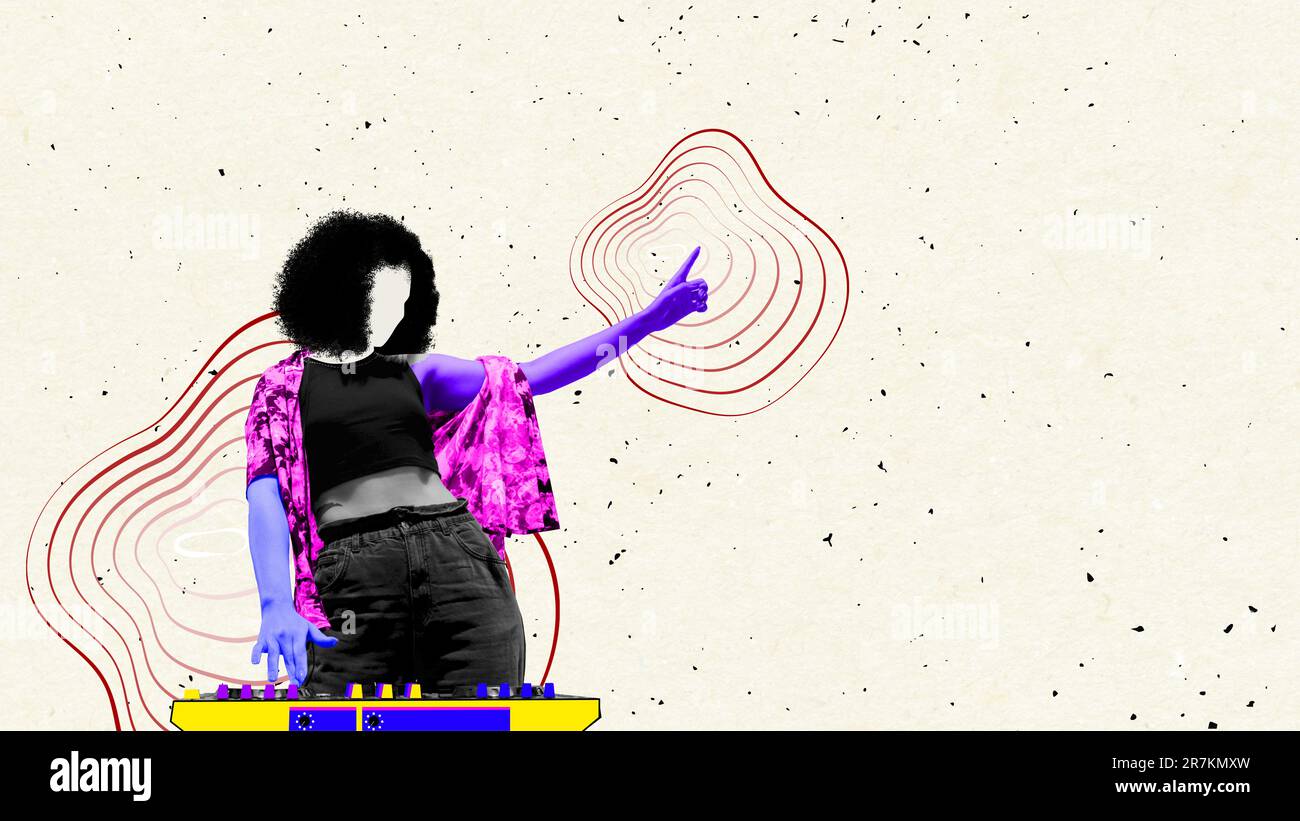 Young artistic woman, dj with dj station over light background. Disco ...