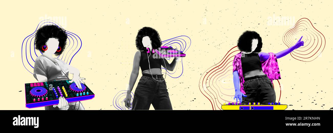 Young artistic woman, dj with dj station over light background. Disco ...