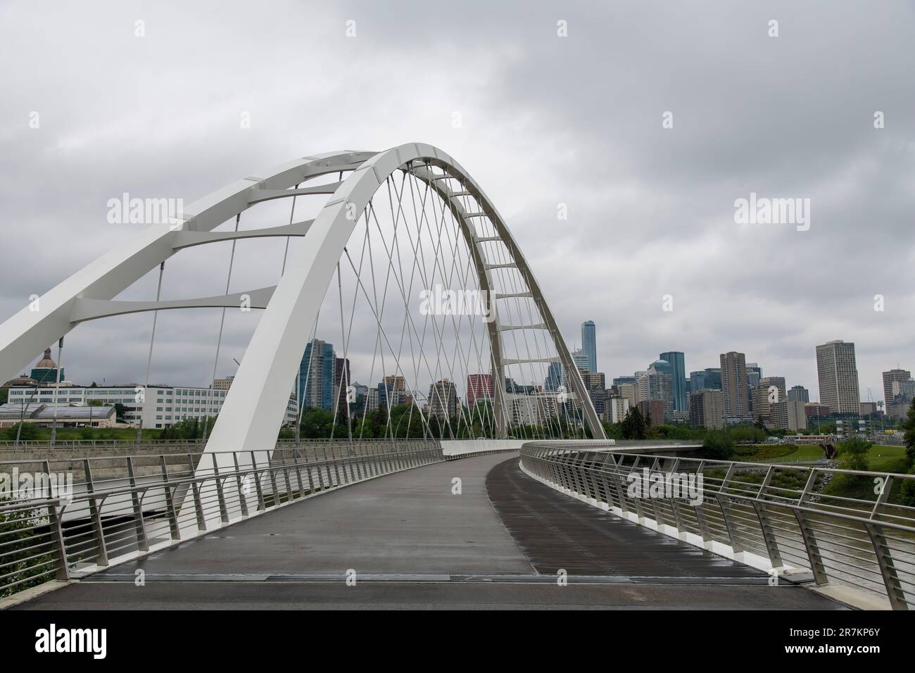 Edmonton, AB, Canada-July 2022; Low angle view along the pedestrian and ...