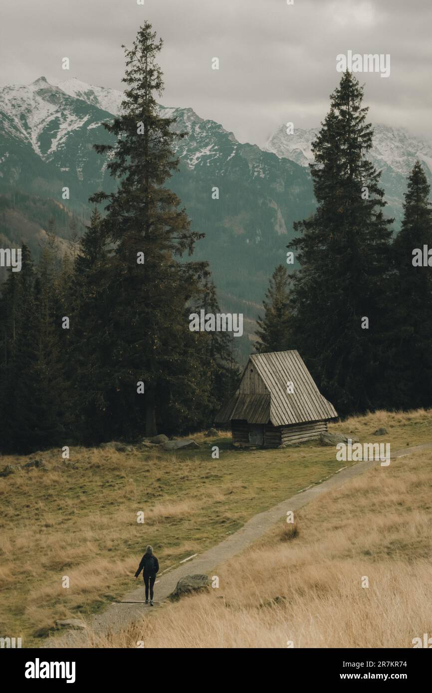 A person is walking down a path with a hut in the distance, set against ...