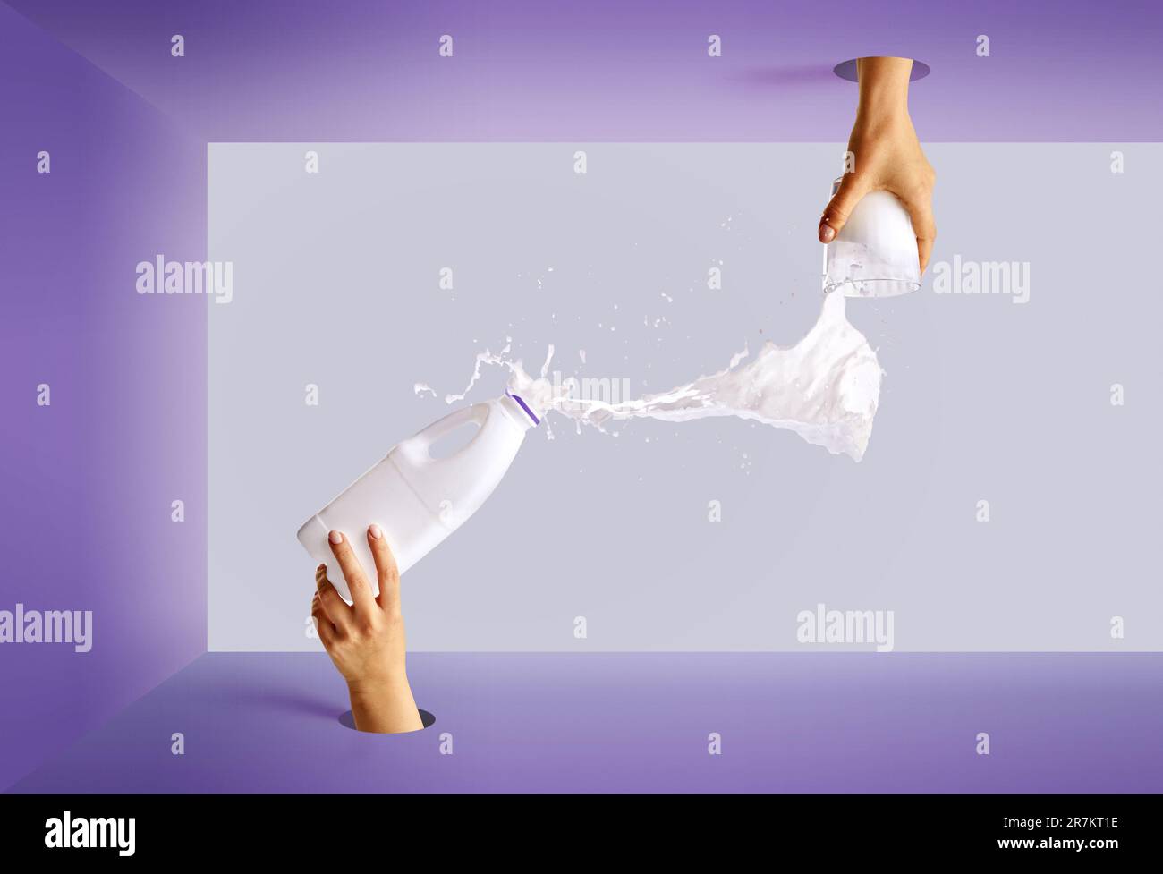 Pop art photography. Female hand sticking out from circle hole with ...