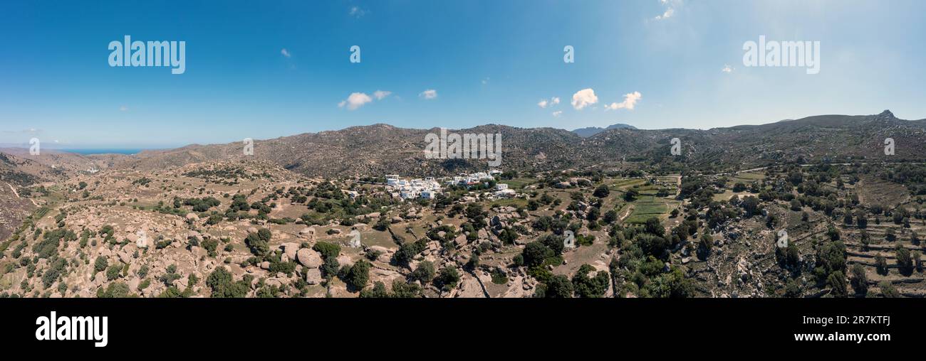 Greece. Tinos island Cyclades. Aerial panoramic view of Volax village ...