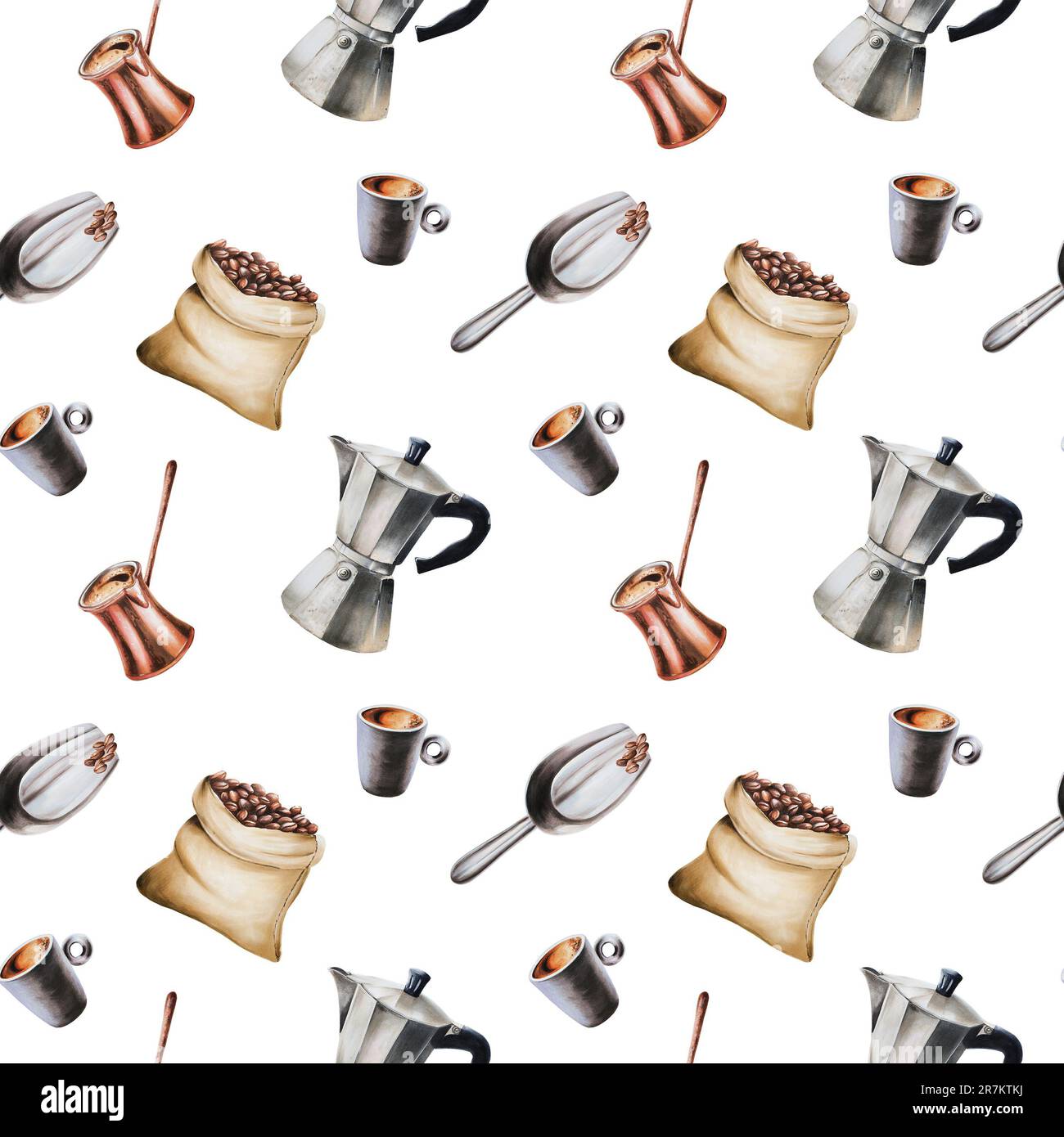 Watercolor seamless pattern with coffee making tools. Latte, espresso ...
