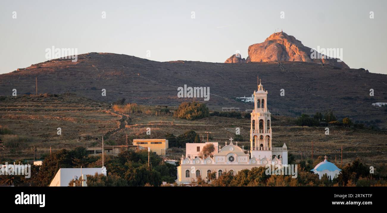 Tinos island Chora town Cyclades Greece religious destination. Sunbeam ...