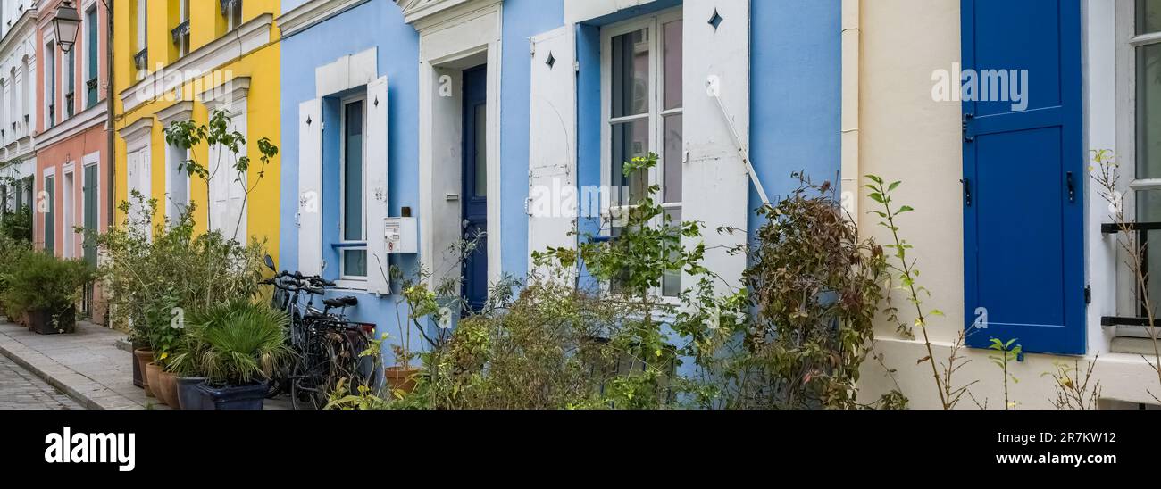 Paris, colorful houses rue Cremieux, typical street in the 12e ...
