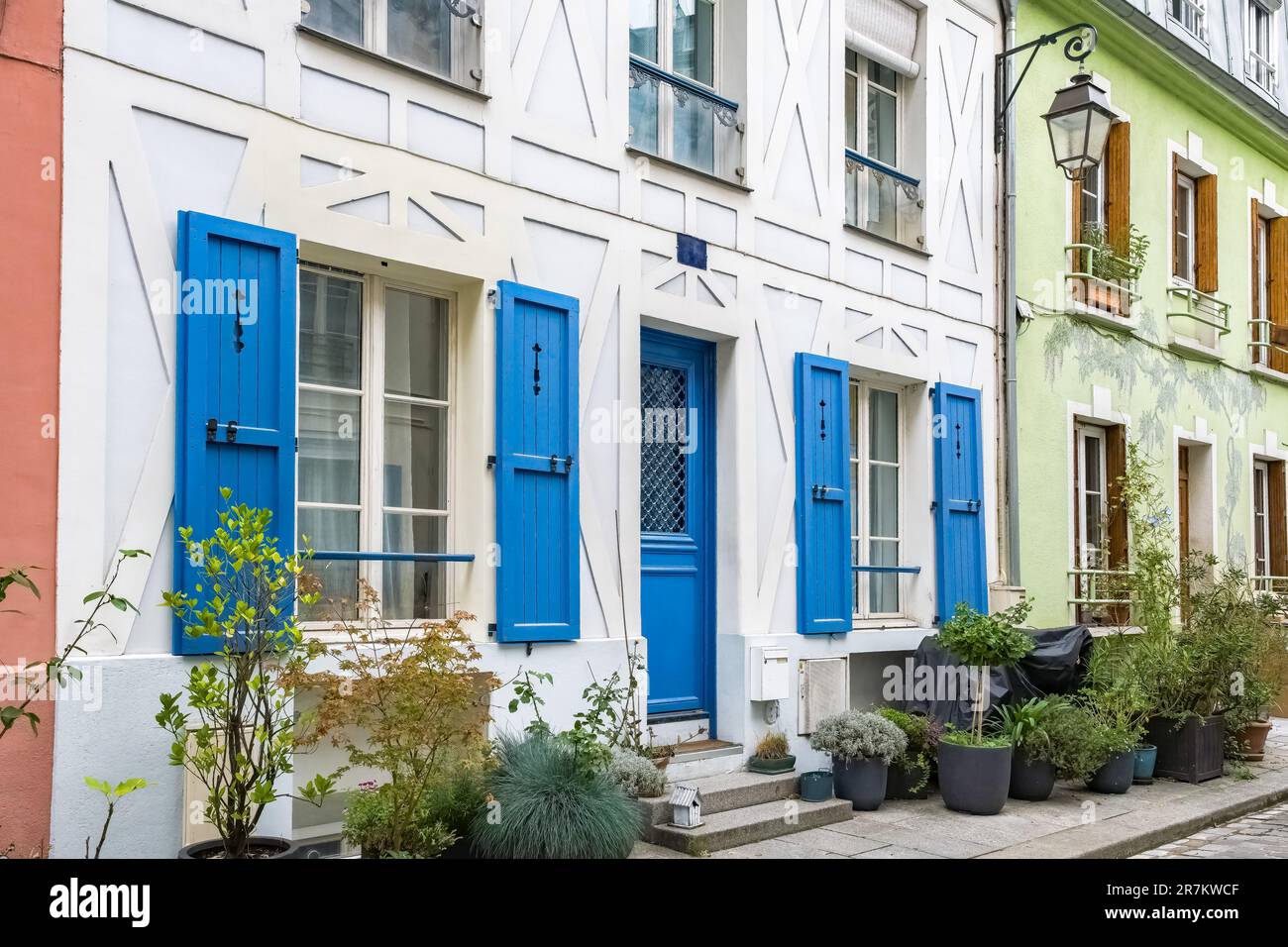 Paris, colorful houses rue Cremieux, typical street in the 12e ...