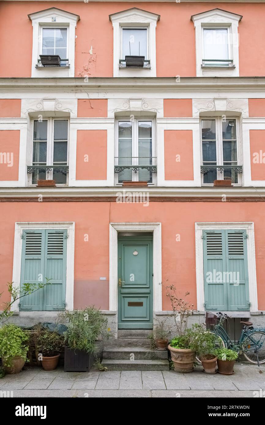 Paris, colorful houses rue Cremieux, typical street in the 12e ...