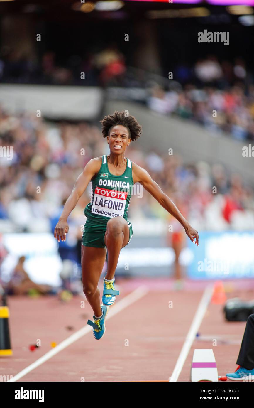 Thea Lafond participating in the triple jump at the World Athletics ...