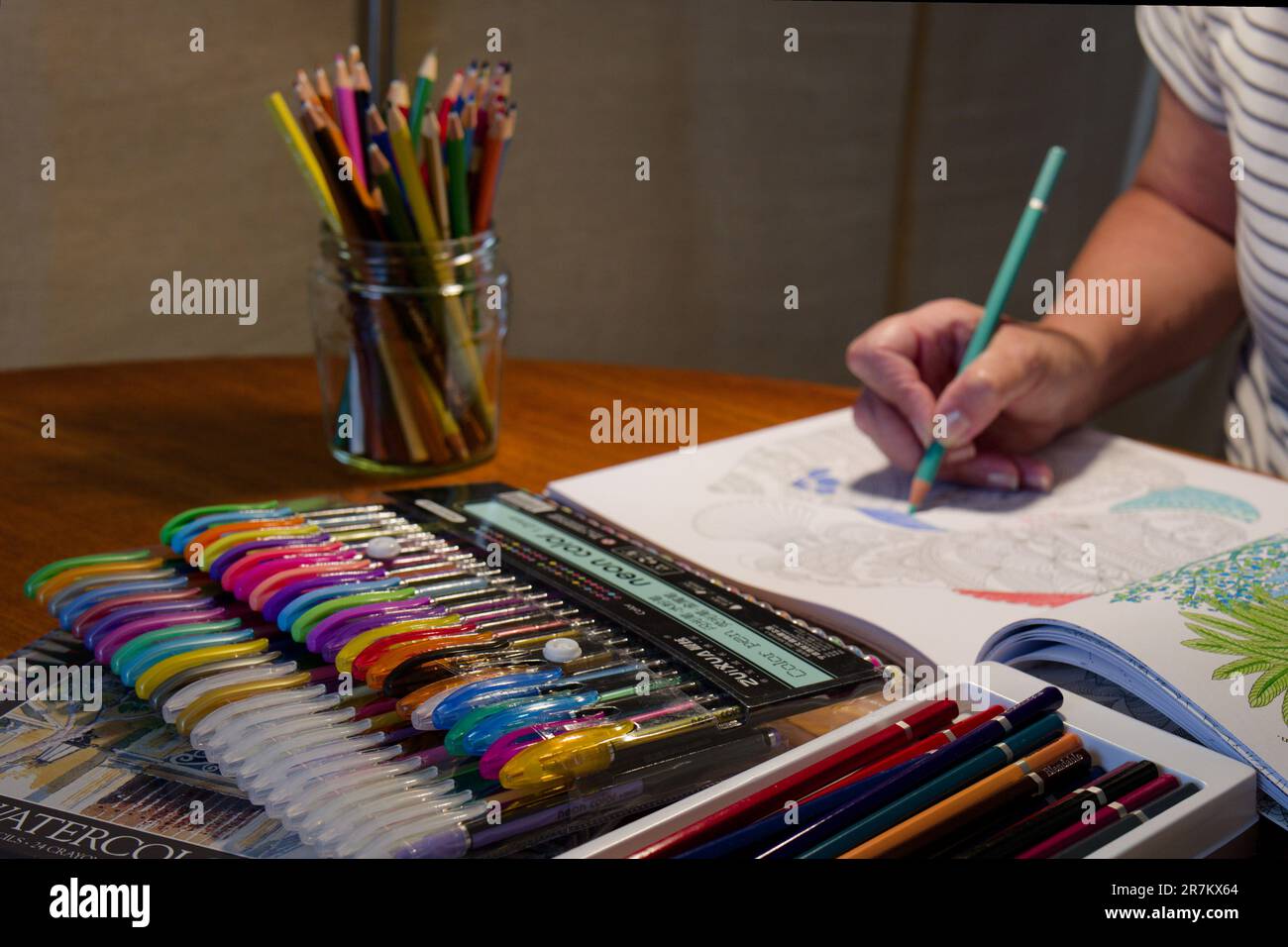 Adult Crafting - Colouring with pencils and felt tip pens Stock Photo ...